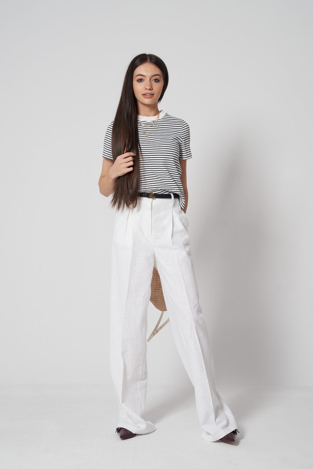 Pantaloni albi din in cu pense si talie inalta - INNES Atelier